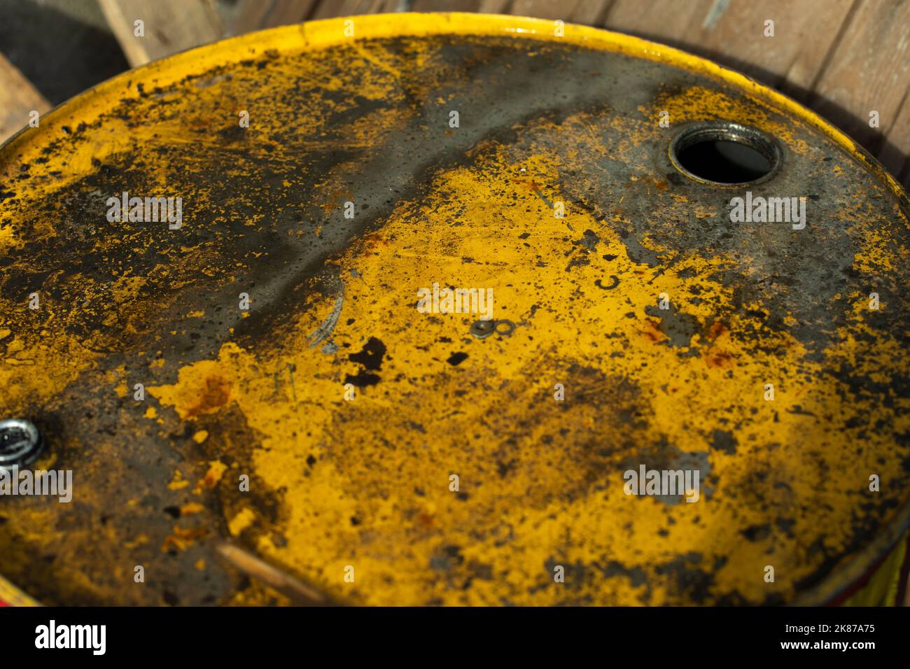 Fuel tank and rust. Steel barrel on street. Hole for receiving fuel ...