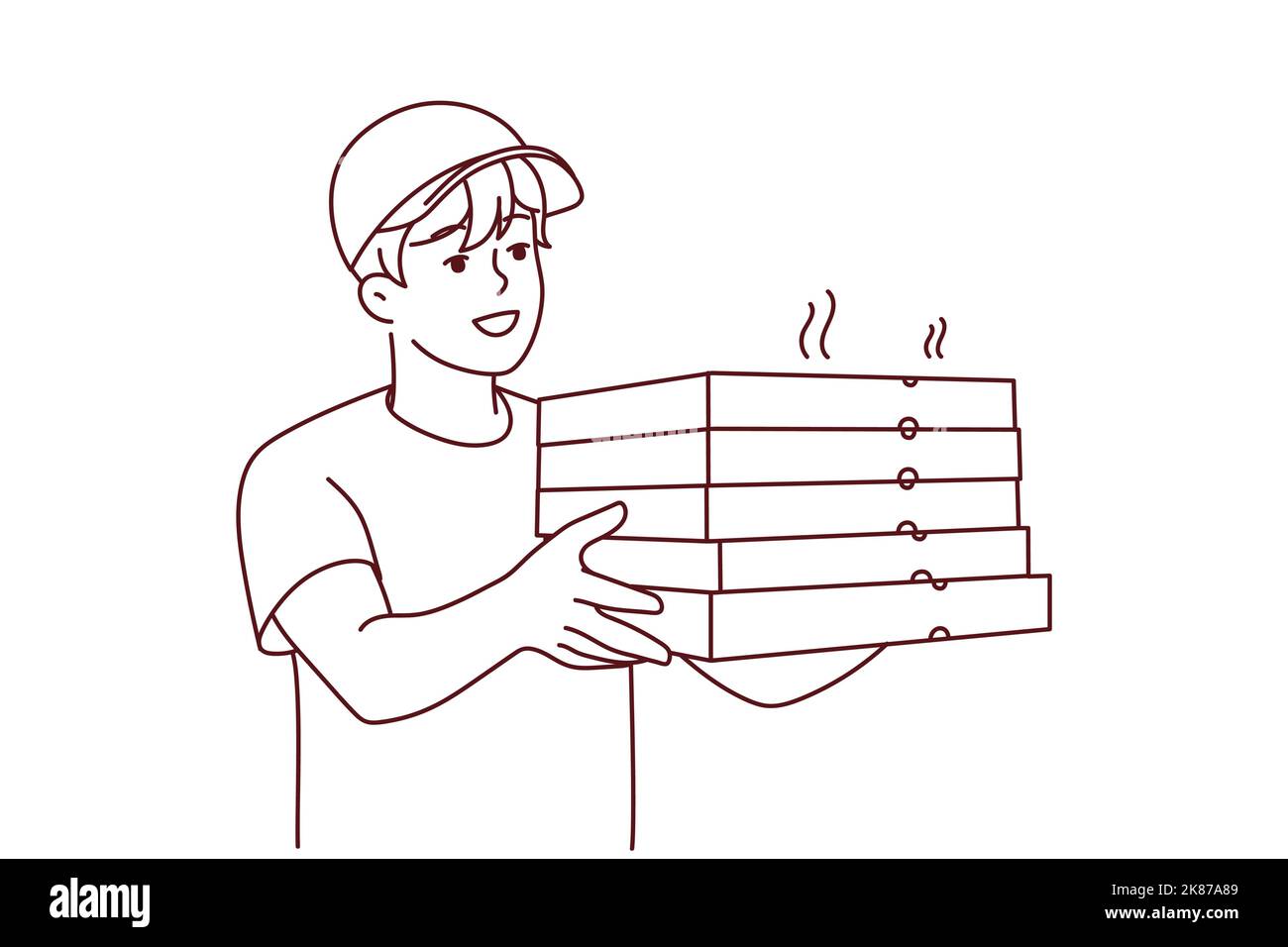 Smiling male courier in uniform deliver hot pizza to client. Happy ...
