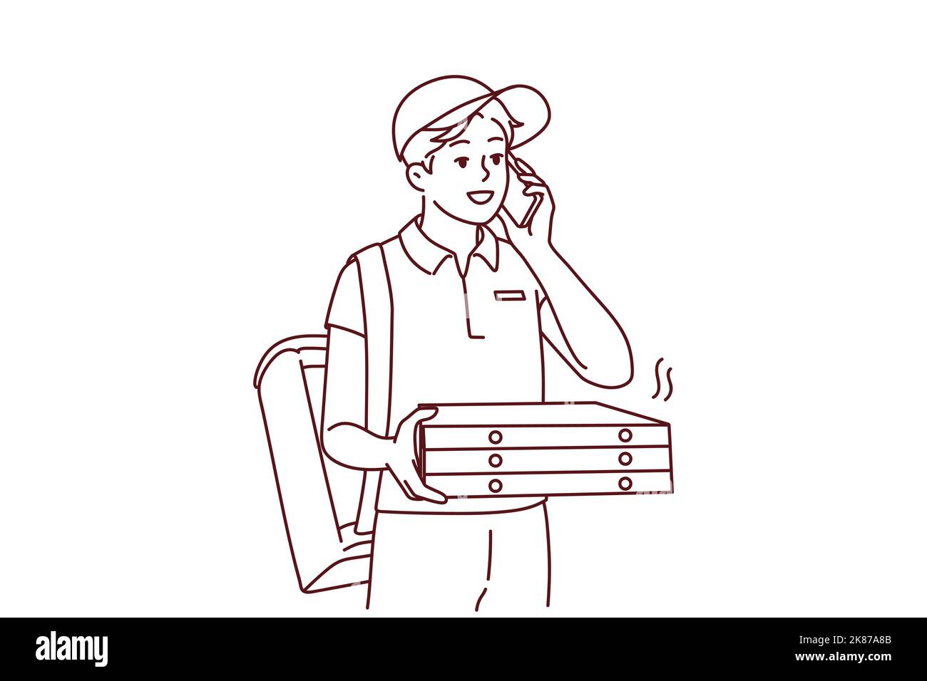 Happy young male deliveryman with pizza boxes calling client on ... Happy young male deliveryman with pizza boxes calling client on ...