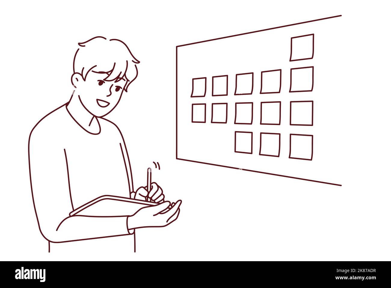 Motivated businessman brainstorm wok with sticky notes on board in ...