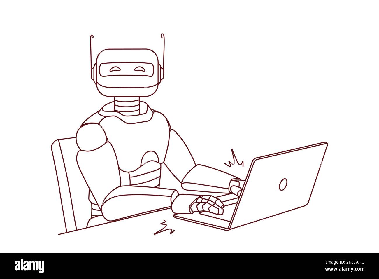 Robot working on computer in office. Modern humanoid typing on laptop. Artificial intelligence ...