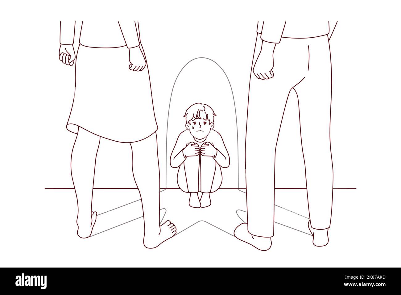 Terrified little boy child scared of aggressive violent parents. Upset ...