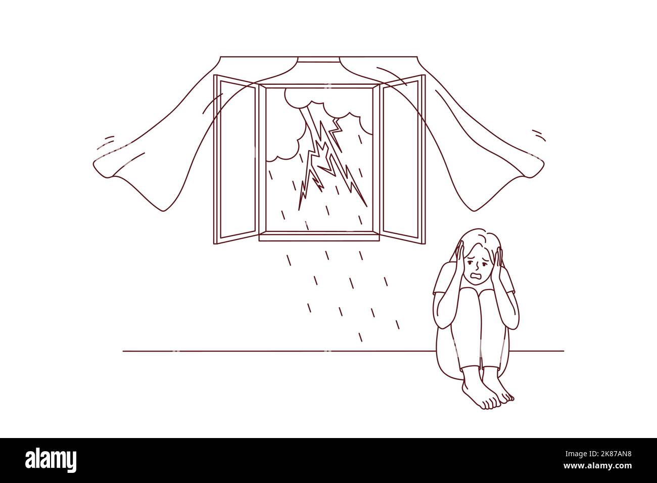 Scared Girl Sitting On Floor Afraid Of Storm Outdoors Terrified Young