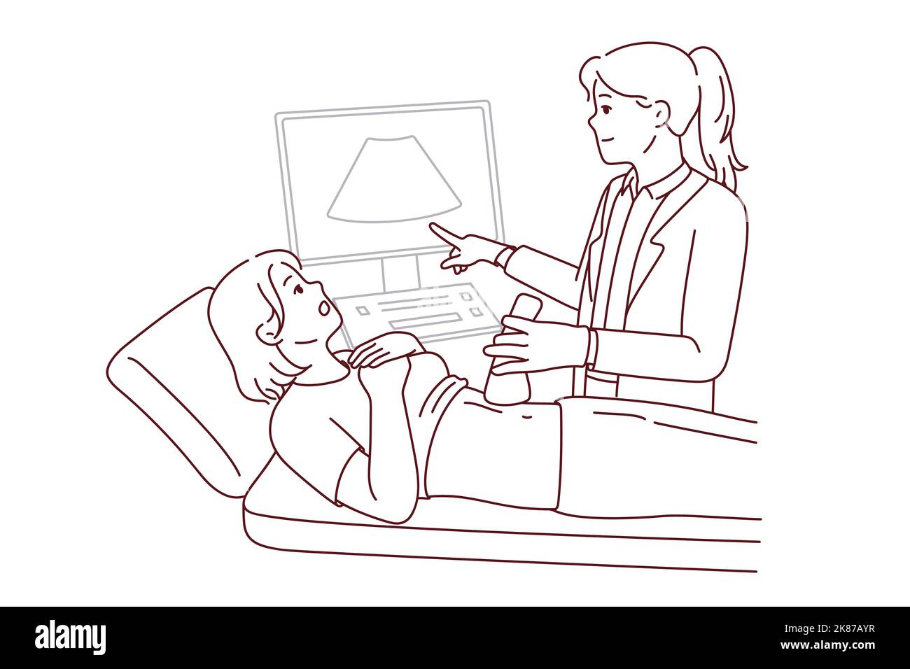 Doctor do belly ultrasound for woman lying on bed in hospital or clinic. Gynecologist or GP scan ...