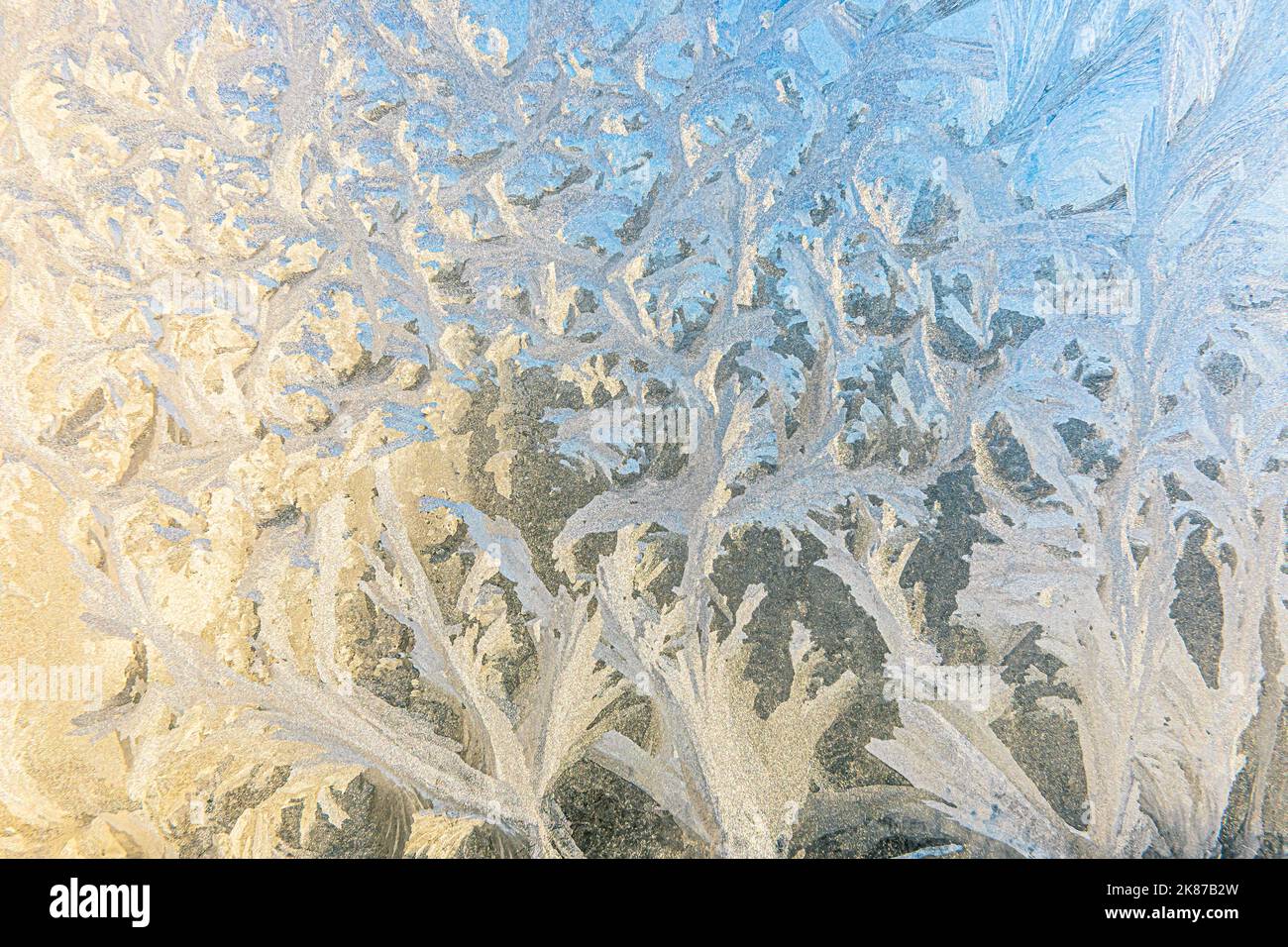 Frozen winter window with shiny ice frost pattern texture. Christmas ...