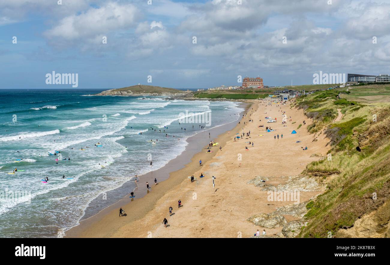 Busy beach view at Fistral beach, North Cornwall, UK. Taken on 7th ...
