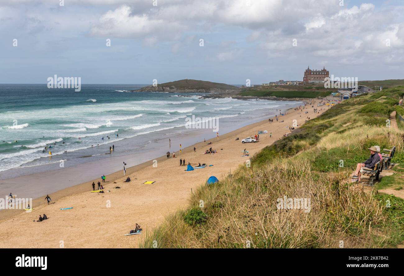 Busy beach view at Fistral beach, North Cornwall, UK. Taken on 7th ...