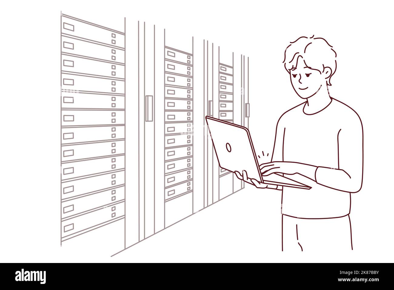 Male engineer with laptop standing near server room with computers. Man IT specialist working in ...