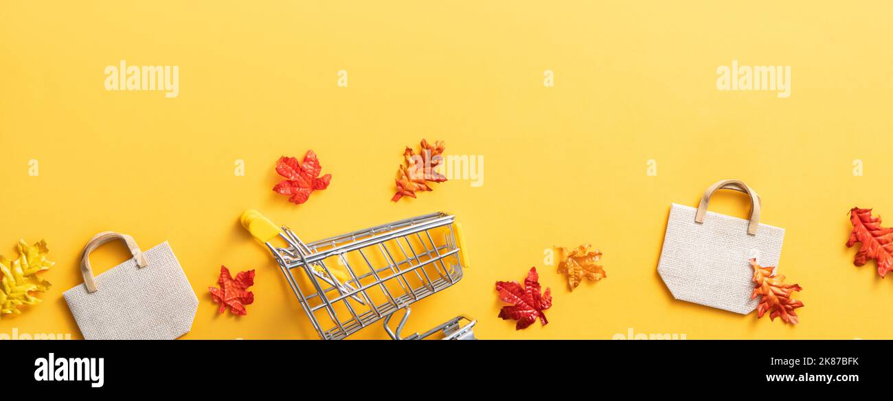 Autumn shopping design concept with shopping cart and maple leaves on ...