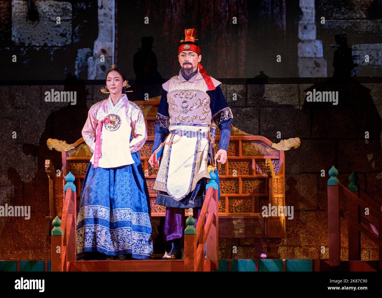 Suwon, Gyeonggi-do - 10 07 2022: An actor and an actress playing the king and queen of Joseon in ...
