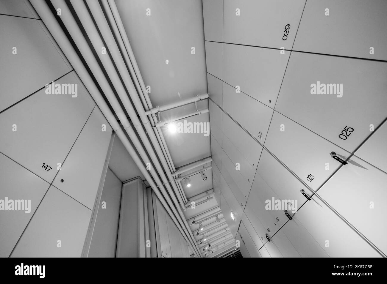 Low angle of white monochrome design of changing room with white metal ...