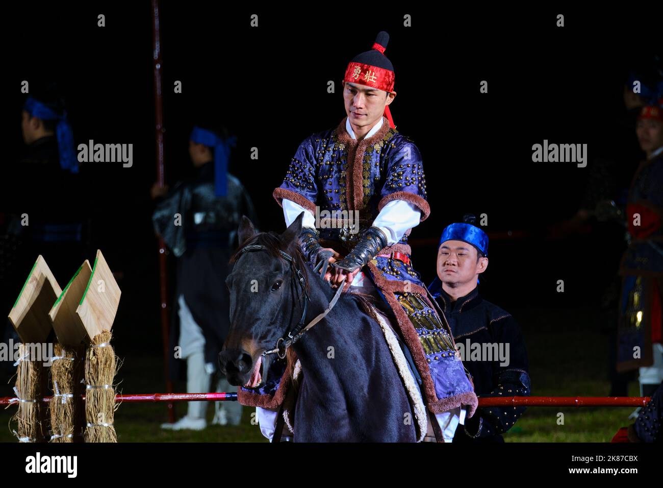 Suwon, Gyeonggi-do - 10 07 2022: A man is on a horse getting ready for ...