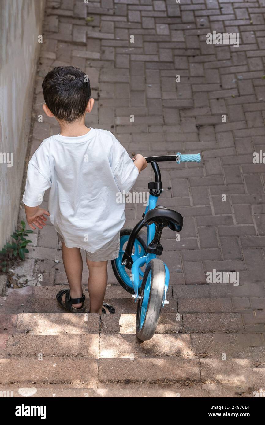 Rear view of little boy carrying blue balance bicycle while moving down ...