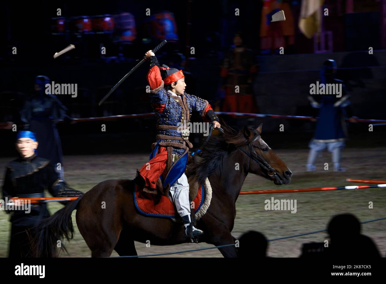 Suwon, Gyeonggi-do - 10 07 2022: A person is riding a horse and rising ...