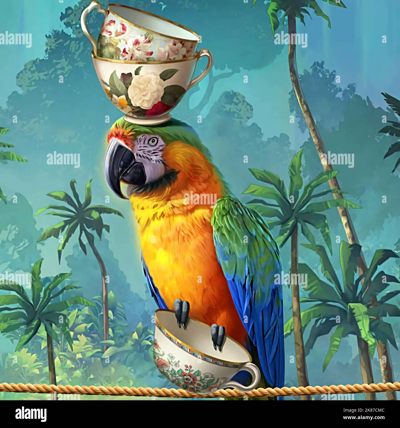 illustration of a portrait of a parrot balancing on a rope and three ...
