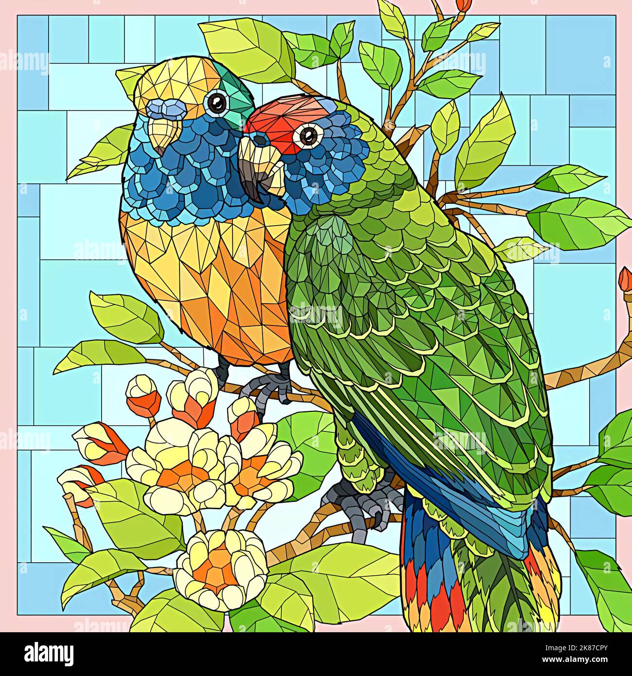 illustration of a pair of green and yellow parrots on a tree branch ...
