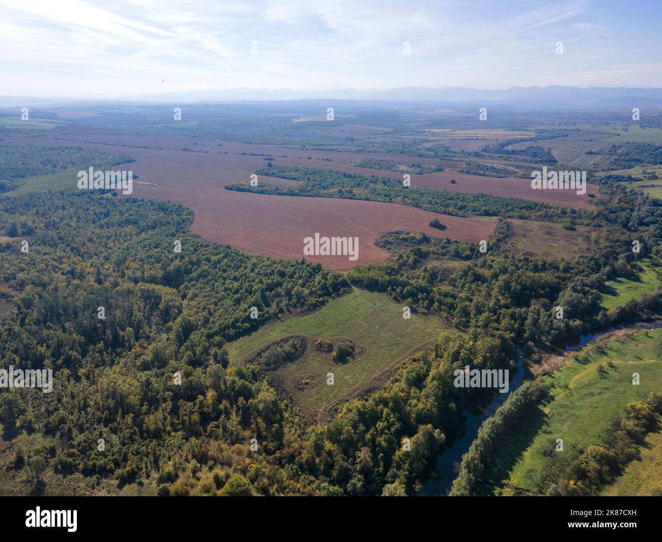 Amazing Aerial view of Vit river, passing near village of Aglen, Lovech ...