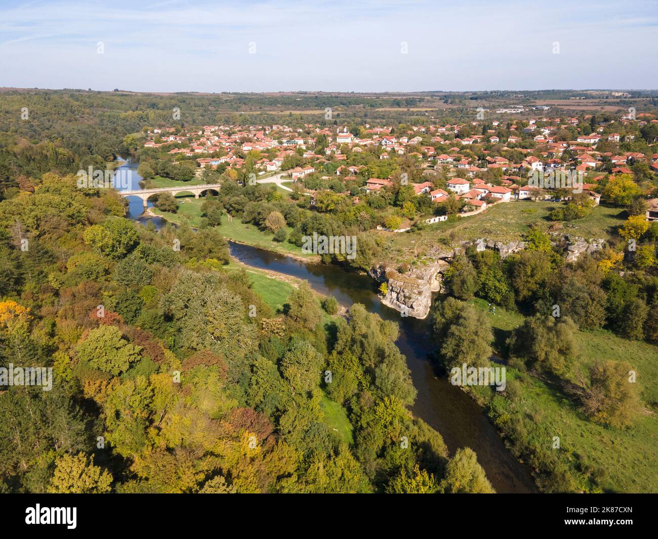 Amazing Aerial view of Vit river, passing near village of Aglen, Lovech ...