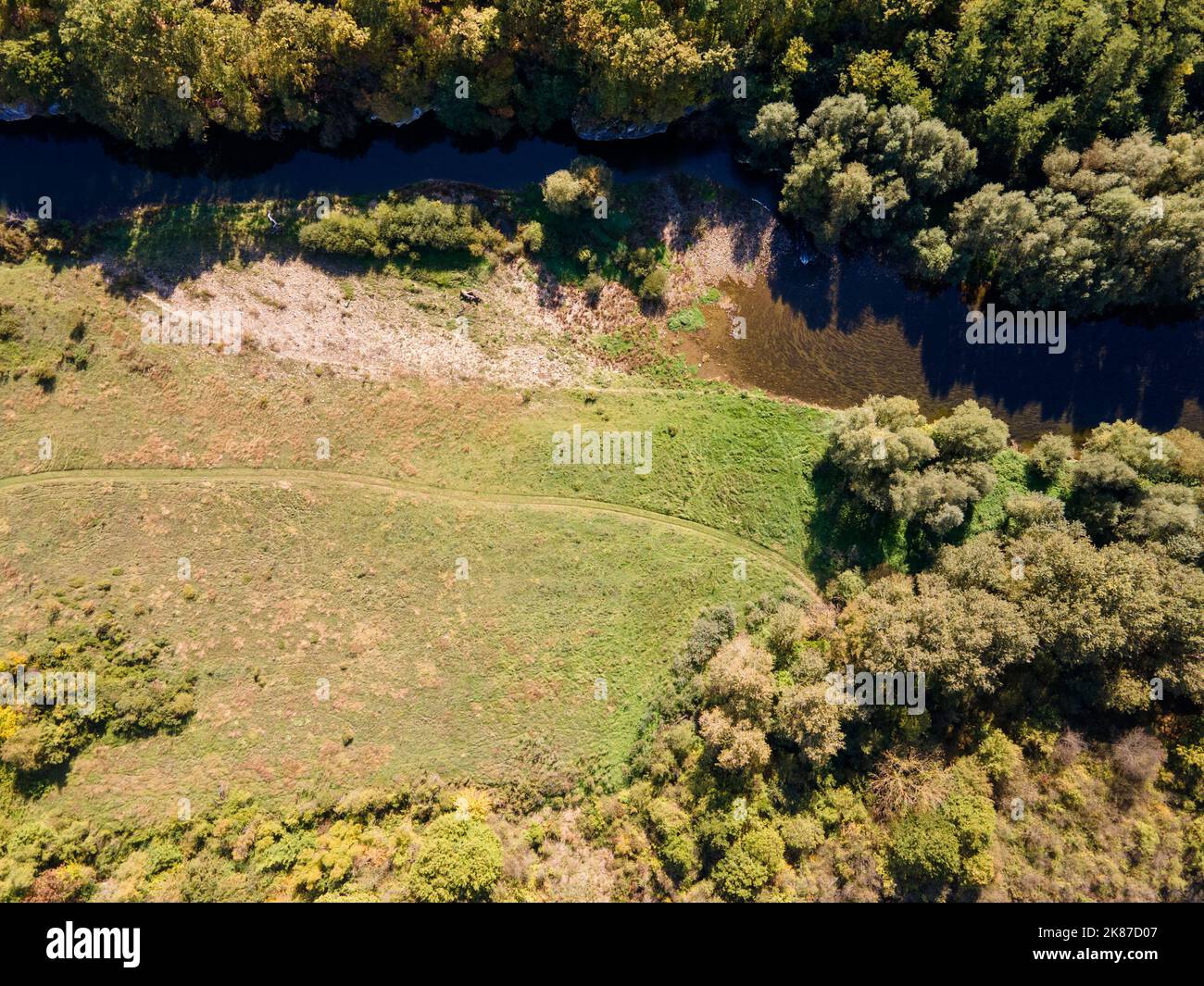 Amazing Aerial view of Vit river, passing near village of Aglen, Lovech ...