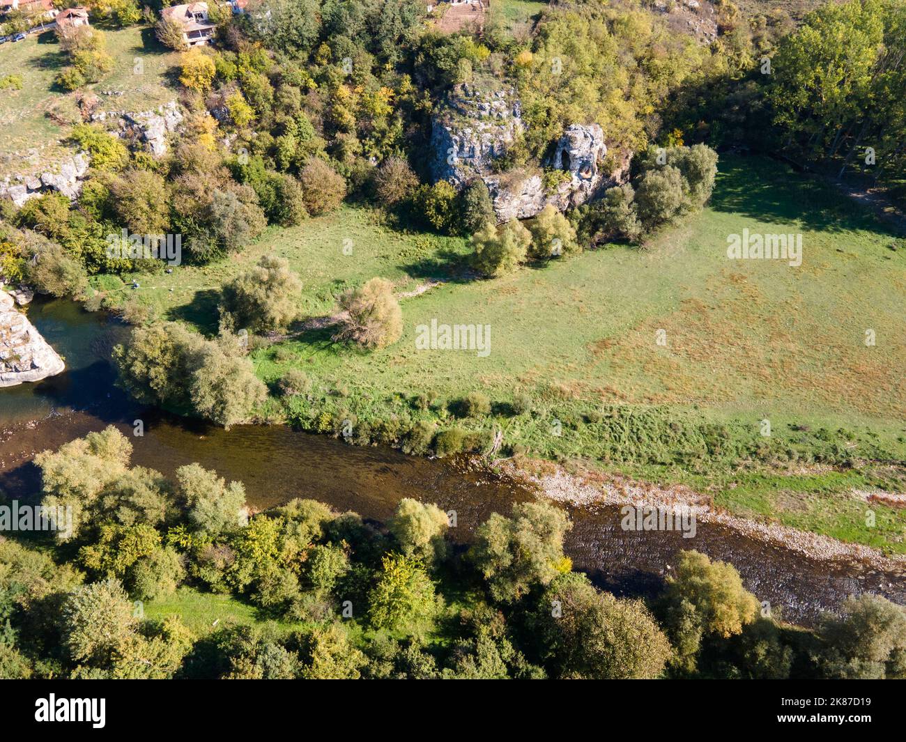 Amazing Aerial view of Vit river, passing near village of Aglen, Lovech ...