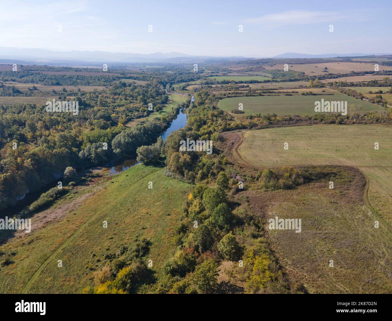 Amazing Aerial view of Vit river, passing near village of Aglen, Lovech ...