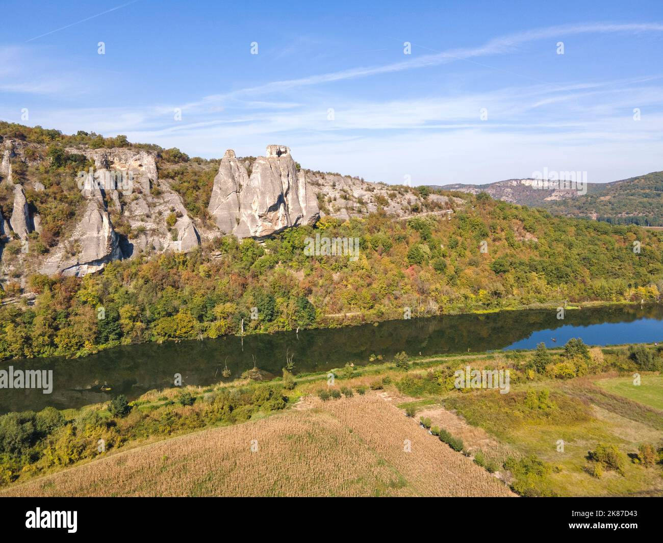 Amazing Aerial view of Iskar river, passing near village of Karlukovo ...