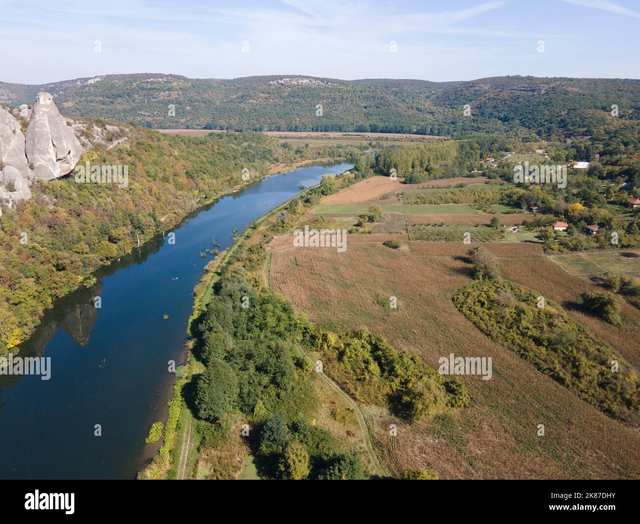 Amazing Aerial view of Iskar river, passing near village of Karlukovo ...