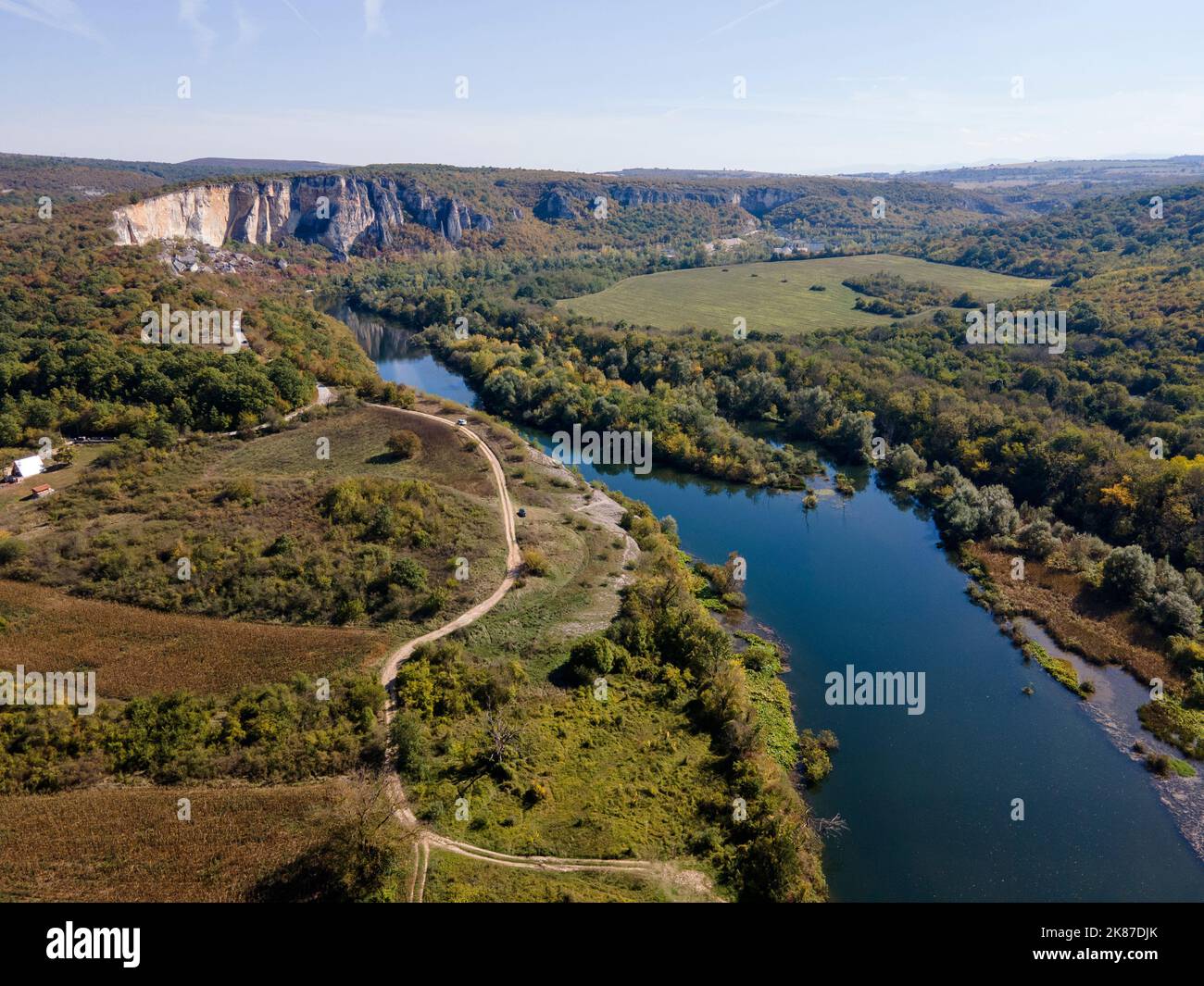 Amazing Aerial view of Iskar river, passing near village of Karlukovo ...