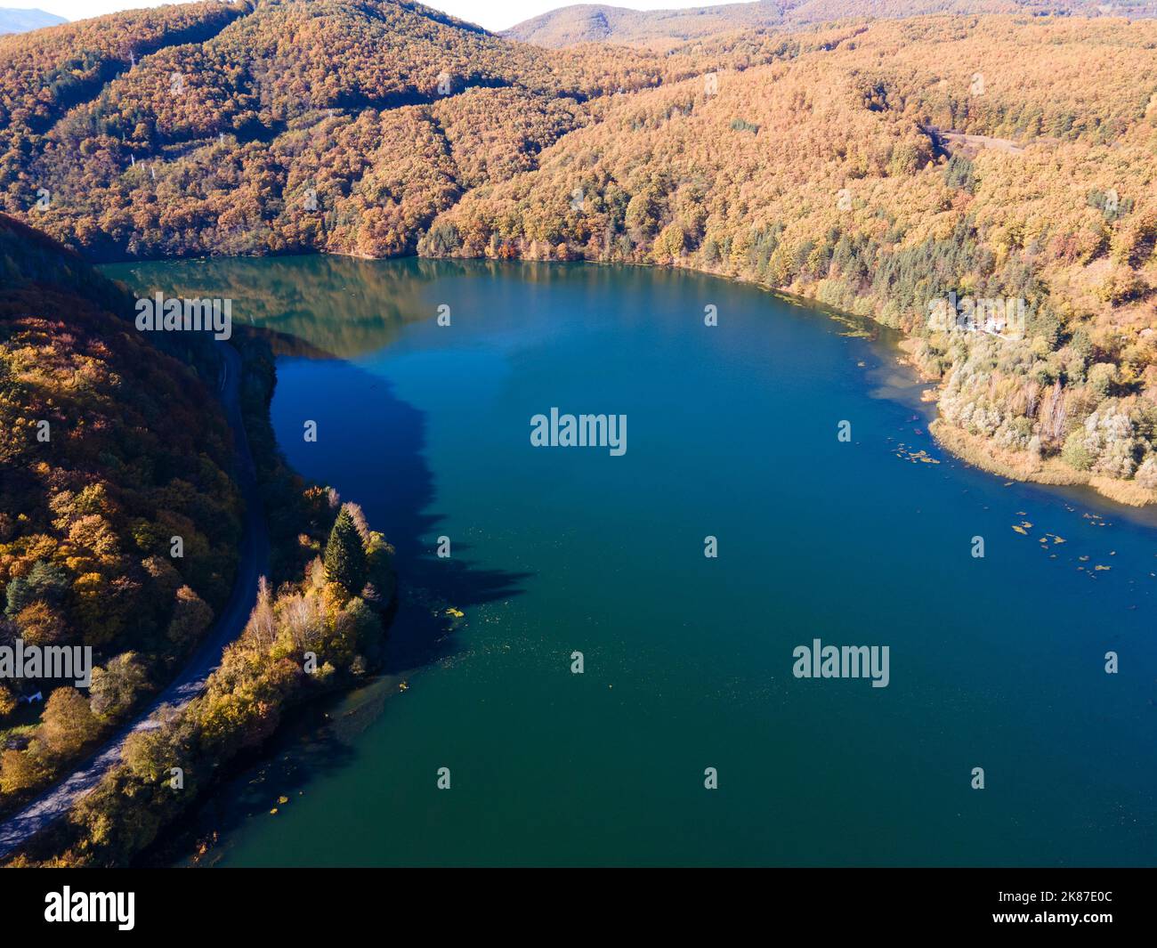 Aerial Autumn view of Pasarel reservoir, Sofia city Region, Bulgaria ...