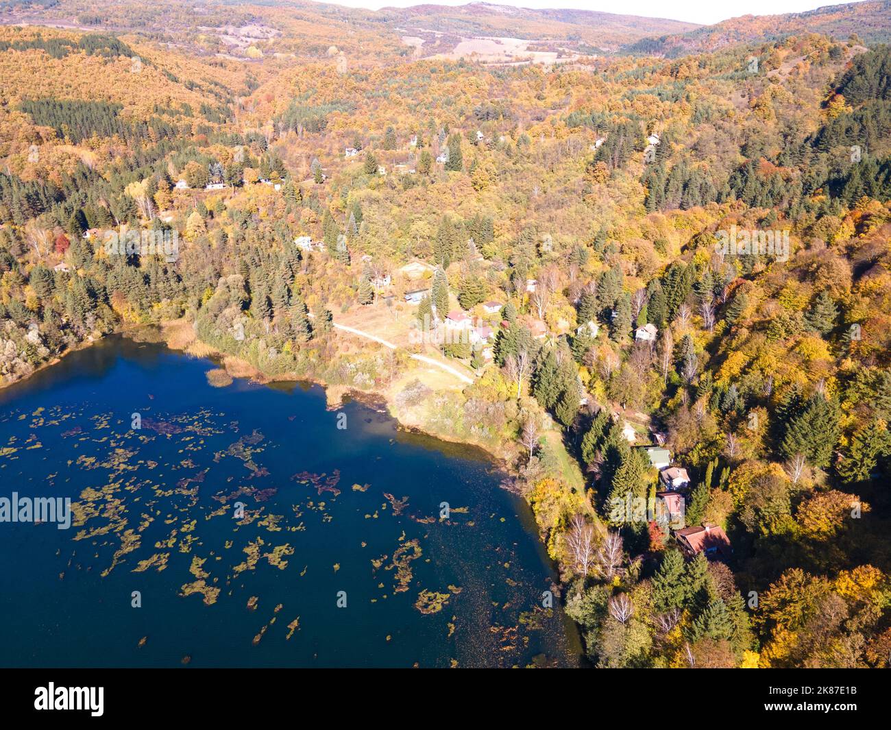 Aerial Autumn view of Pasarel reservoir, Sofia city Region, Bulgaria ...