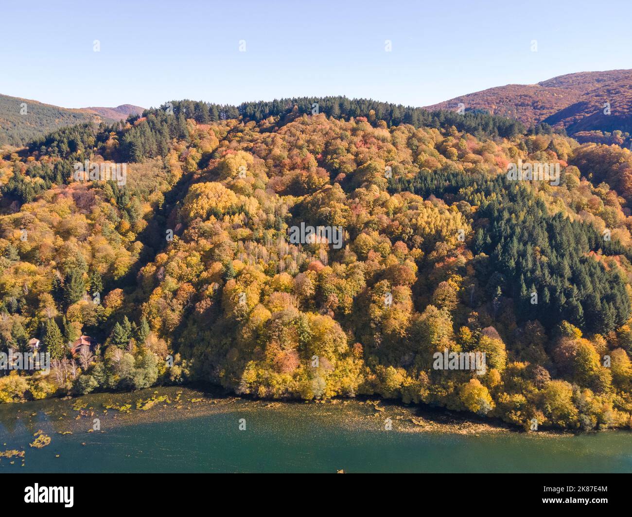 Aerial Autumn view of Pasarel reservoir, Sofia city Region, Bulgaria ...