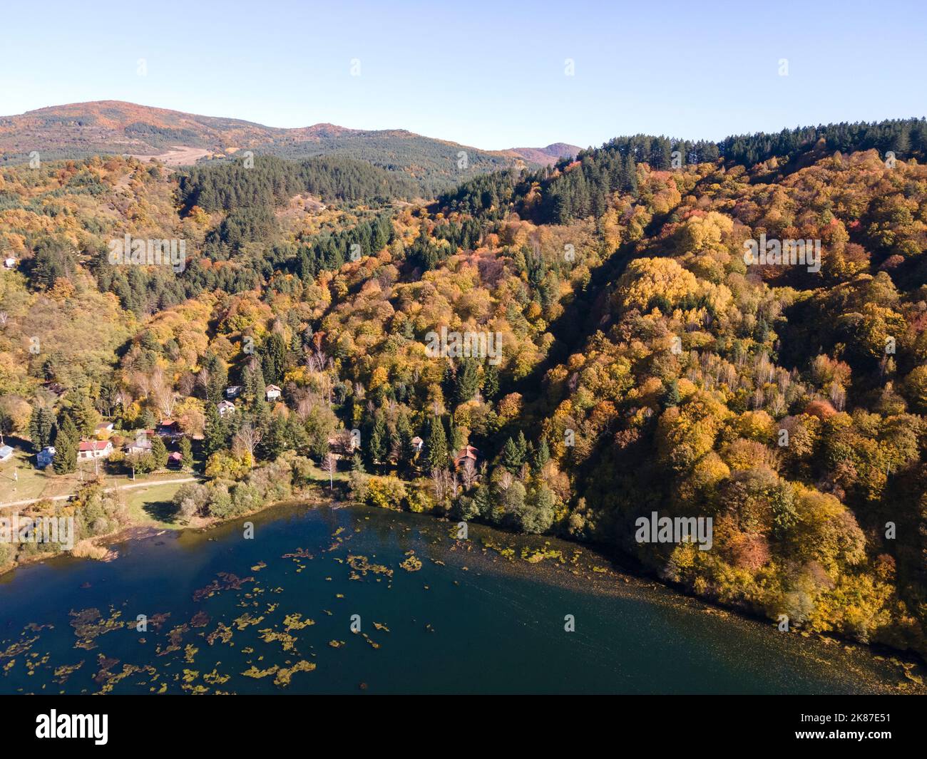 Aerial Autumn view of Pasarel reservoir, Sofia city Region, Bulgaria ...