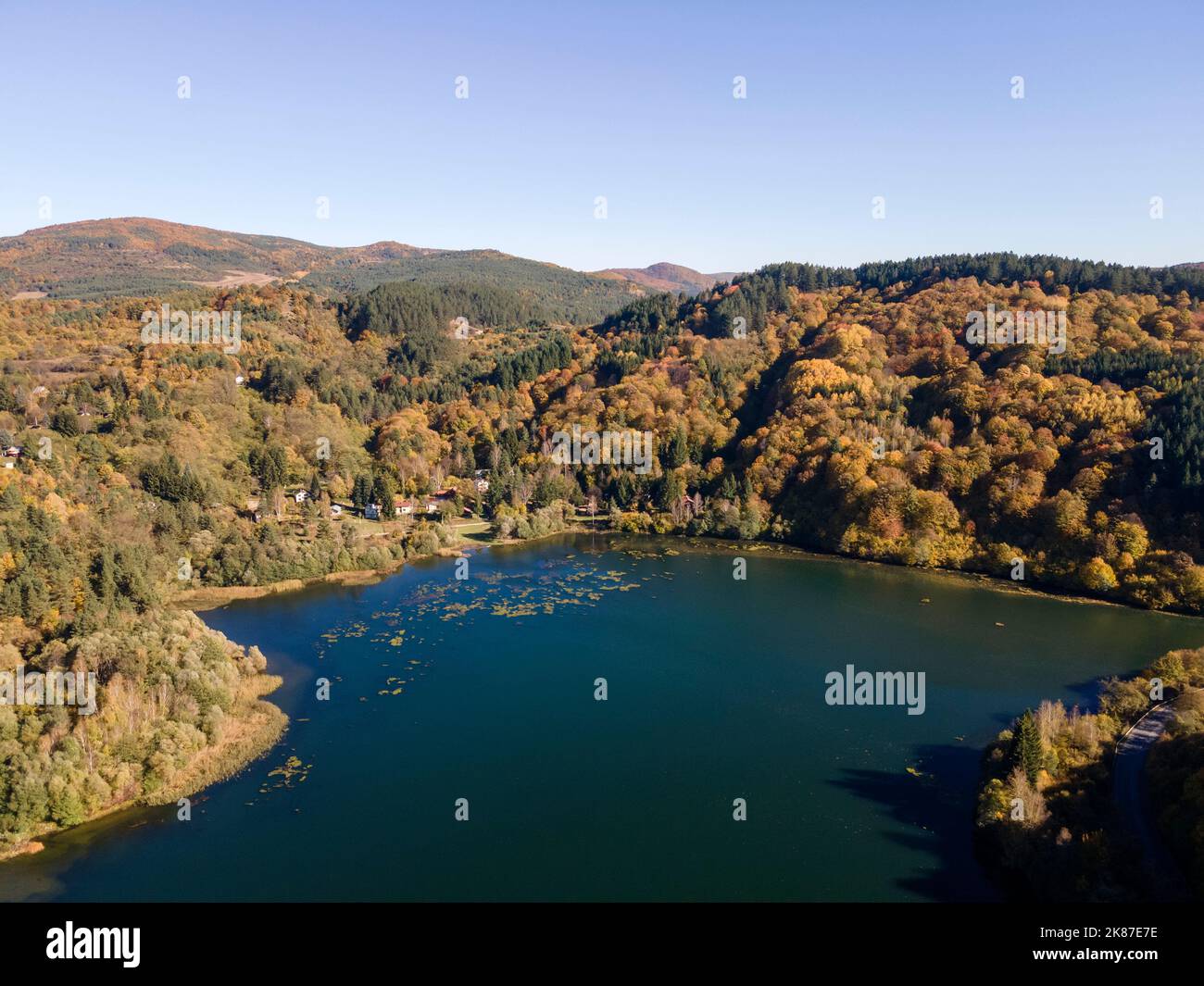 Aerial Autumn view of Pasarel reservoir, Sofia city Region, Bulgaria ...