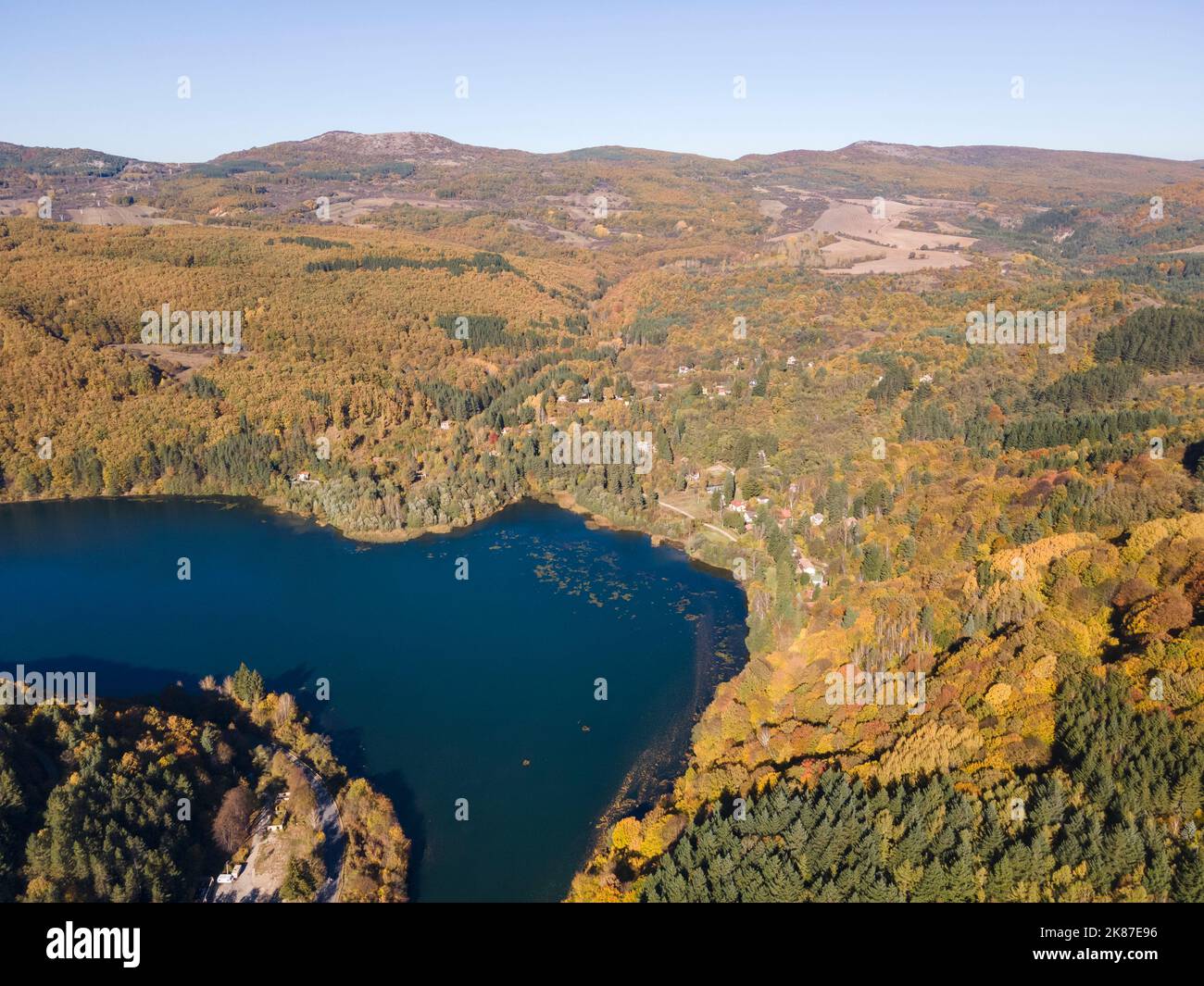 Aerial Autumn view of Pasarel reservoir, Sofia city Region, Bulgaria ...