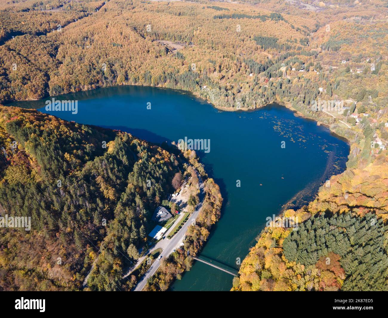Aerial Autumn view of Pasarel reservoir, Sofia city Region, Bulgaria ...
