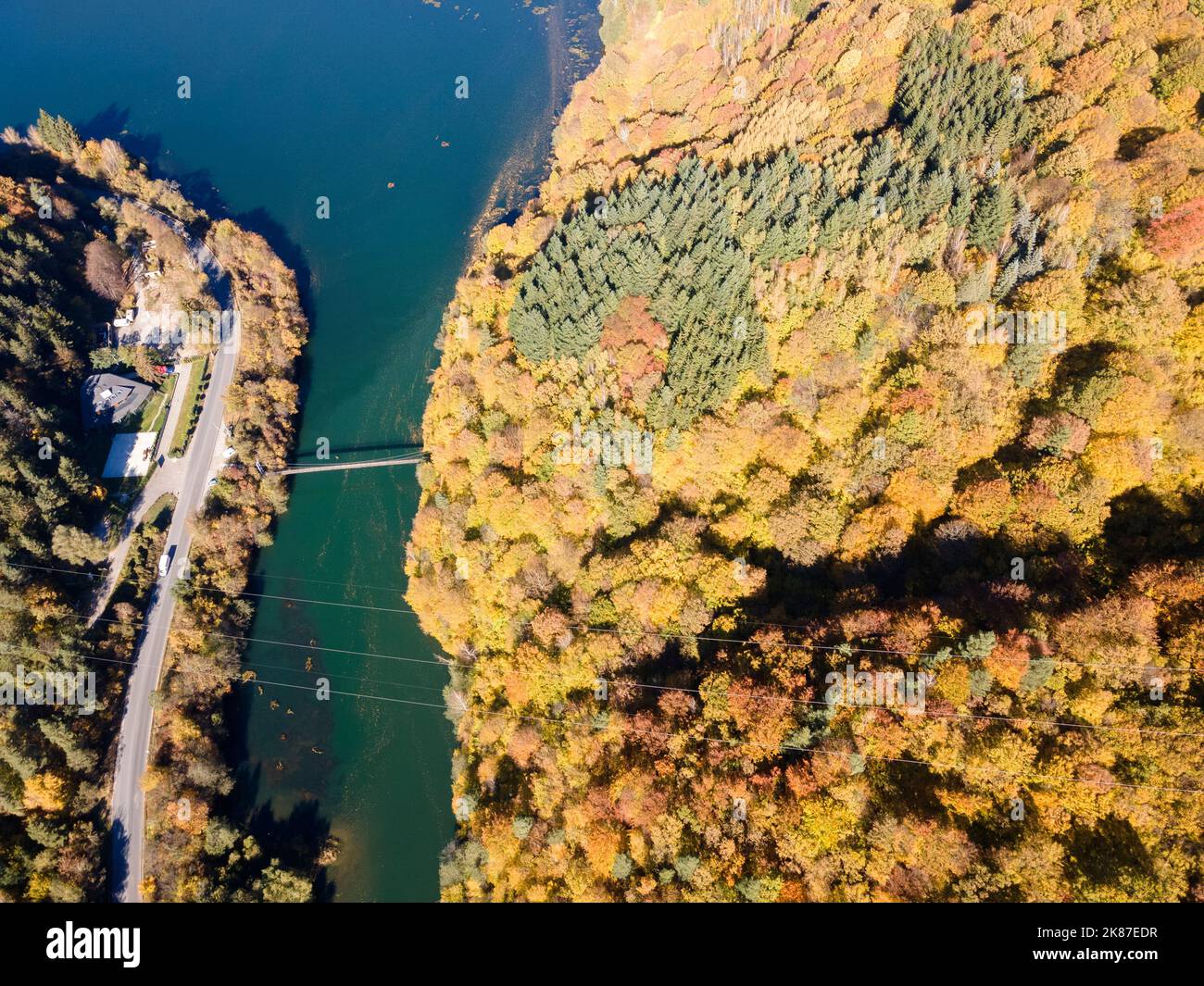 Aerial Autumn view of Pasarel reservoir, Sofia city Region, Bulgaria ...