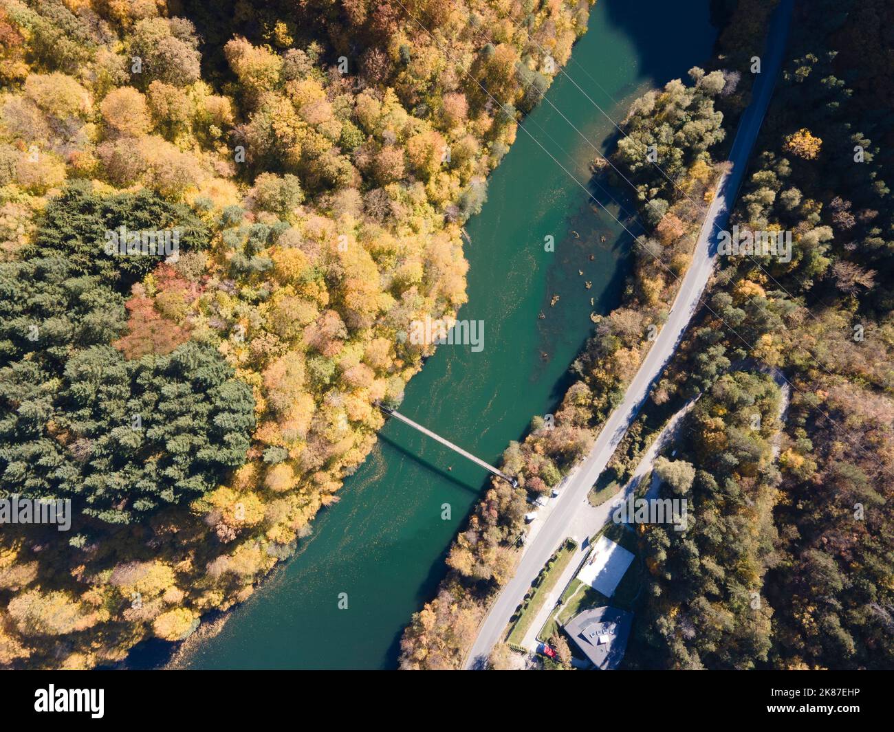 Aerial Autumn view of Pasarel reservoir, Sofia city Region, Bulgaria ...