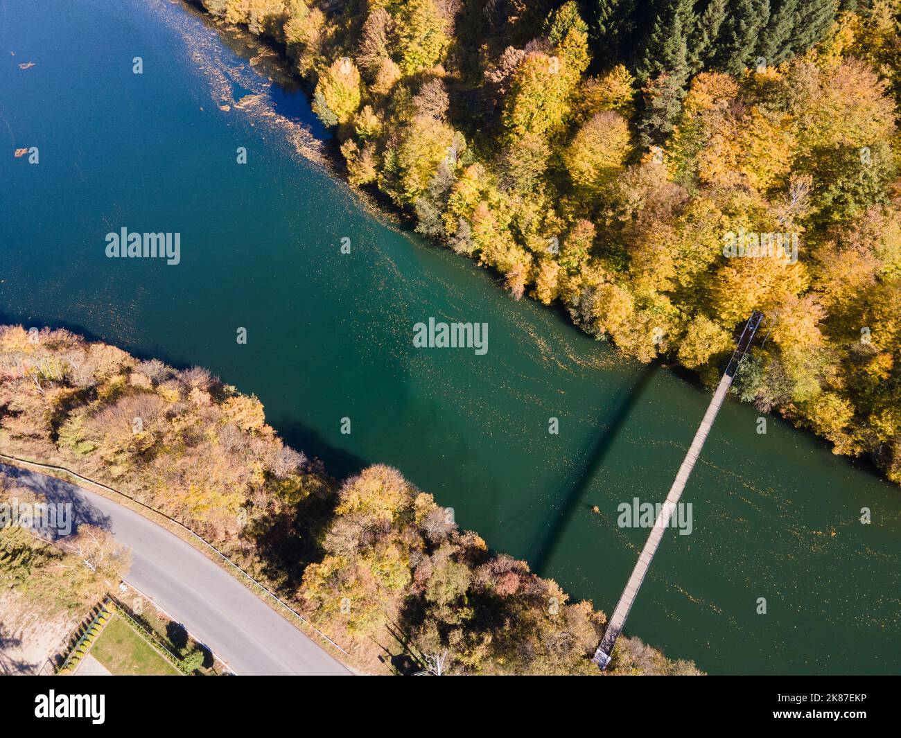 Aerial Autumn view of Pasarel reservoir, Sofia city Region, Bulgaria ...