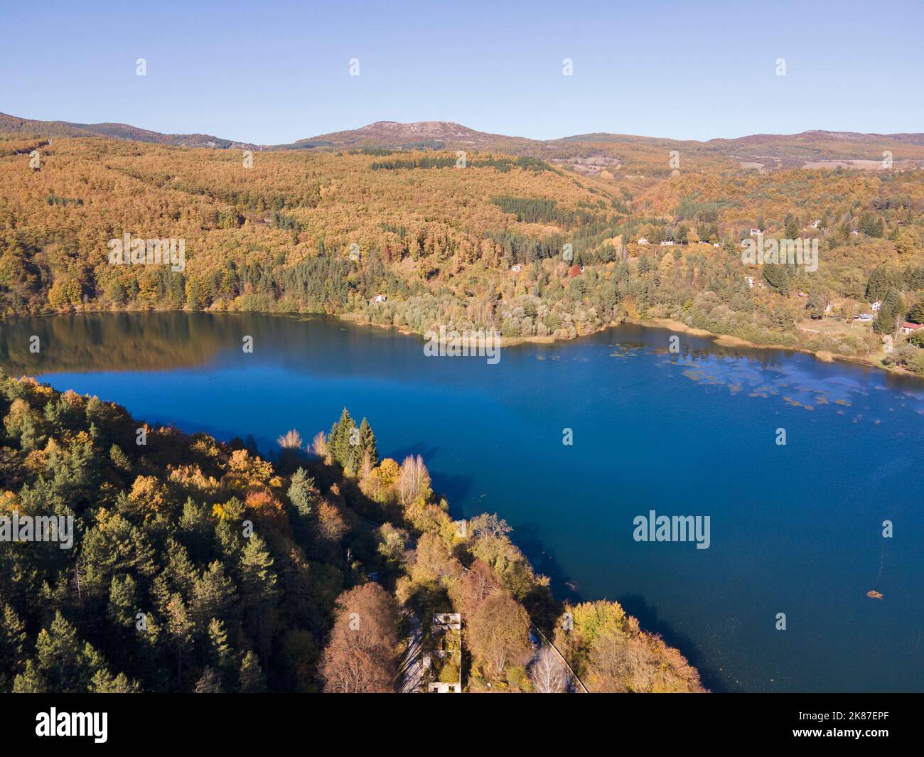 Aerial Autumn view of Pasarel reservoir, Sofia city Region, Bulgaria ...