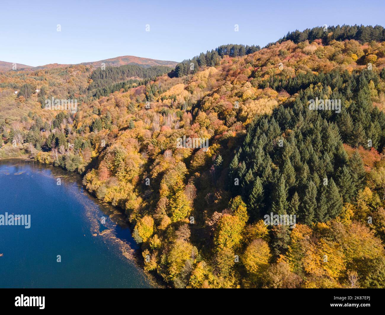 Aerial Autumn view of Pasarel reservoir, Sofia city Region, Bulgaria ...