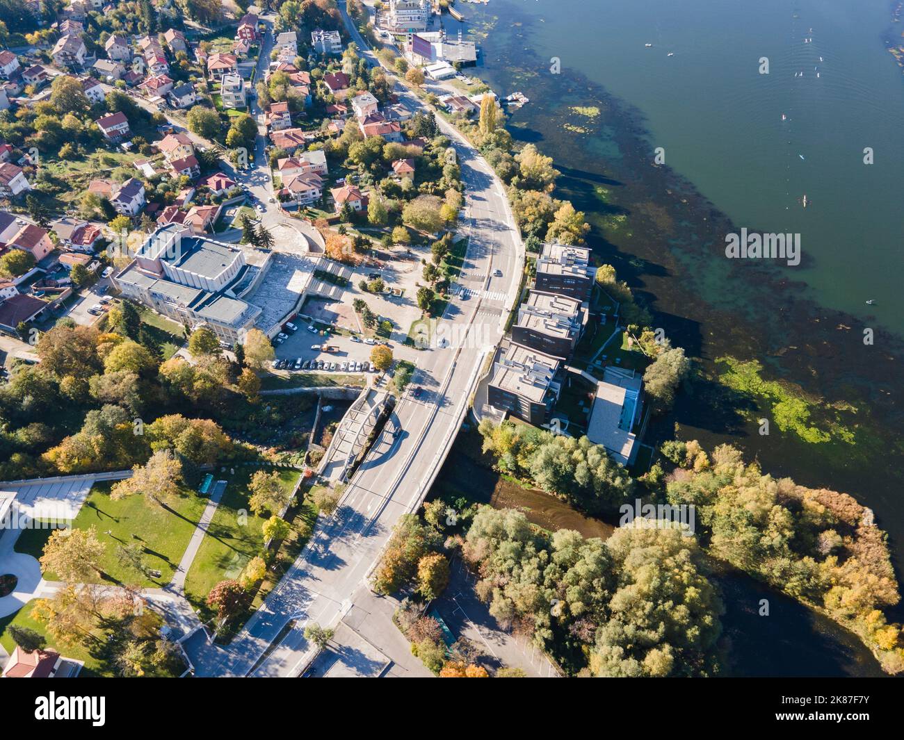 Aerial Autumn view of Pancharevo lake, Sofia city Region, Bulgaria ...