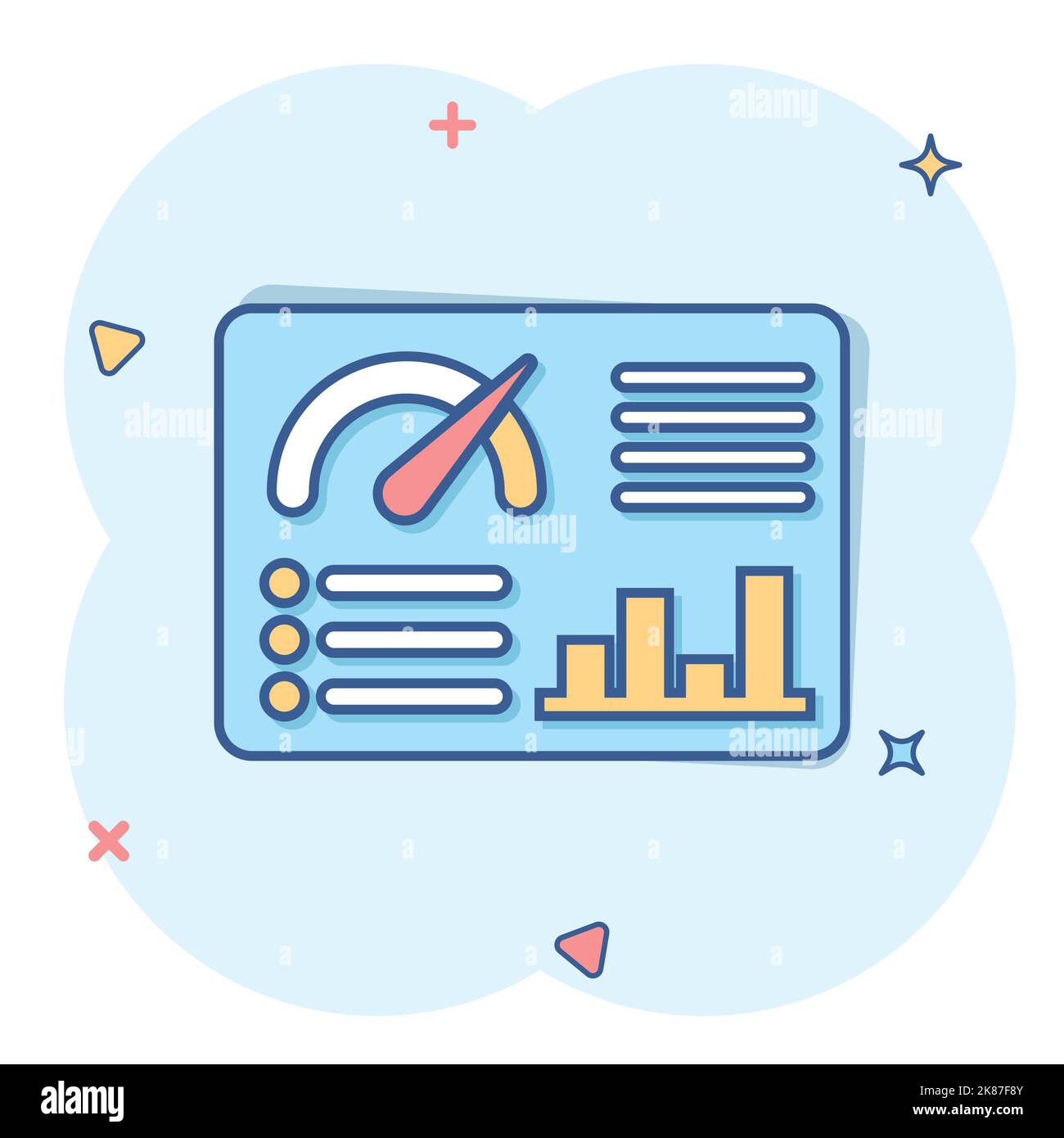Dashboard icon in comic style. Finance analyzer cartoon vector ...