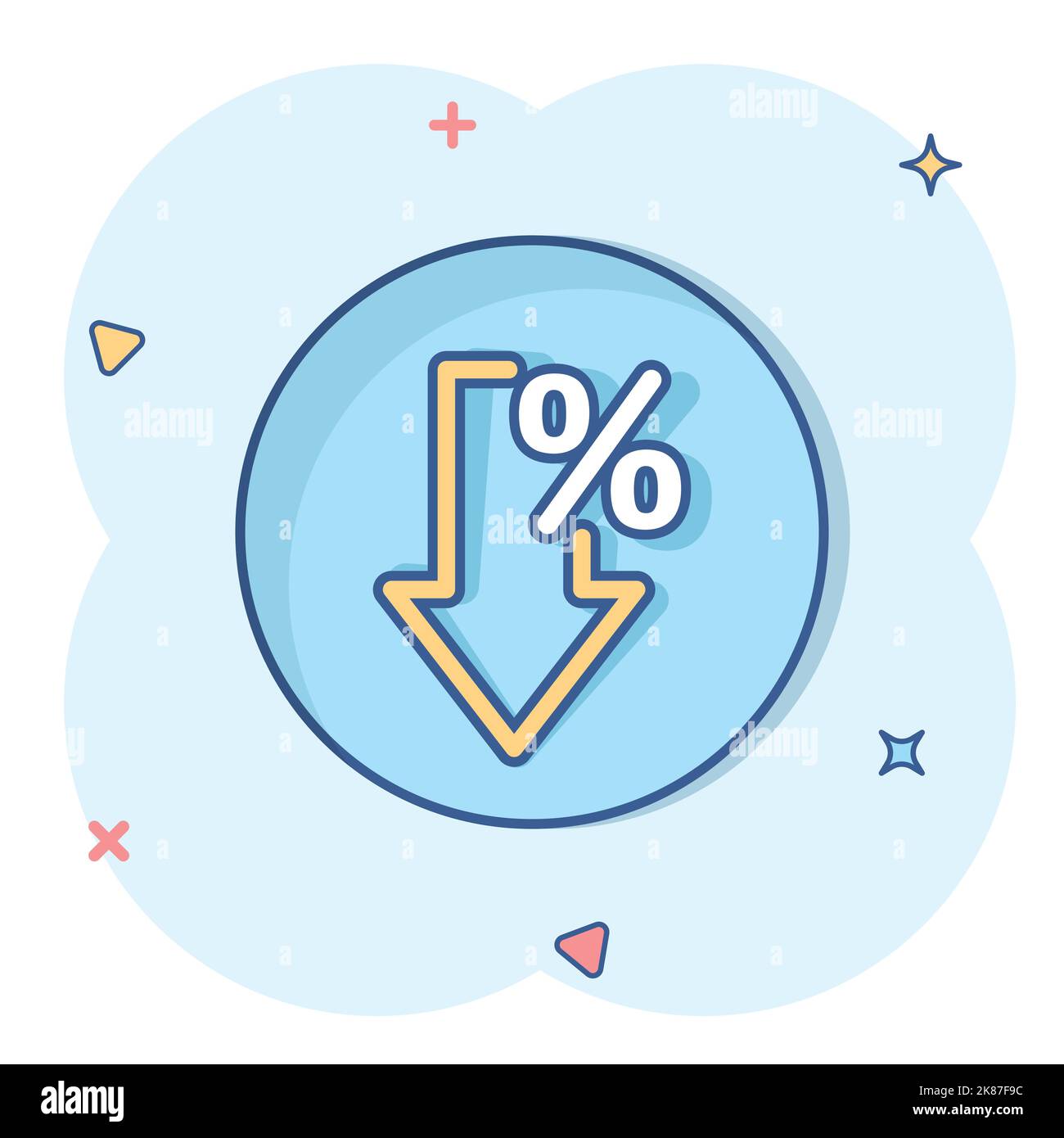 Decline arrow icon in comic style. Decrease cartoon vector illustration on white isolated ...