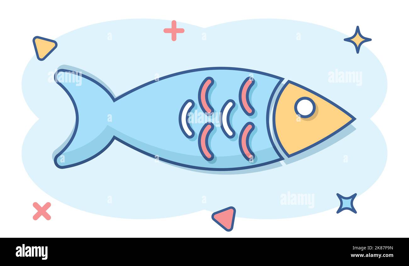 Fish icon in comic style. Seafood cartoon vector illustration on white ...