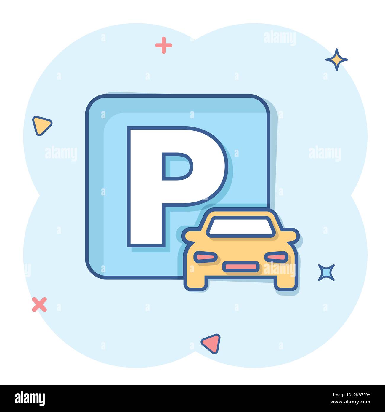 Car parking icon in comic style. Auto stand cartoon vector illustration ...