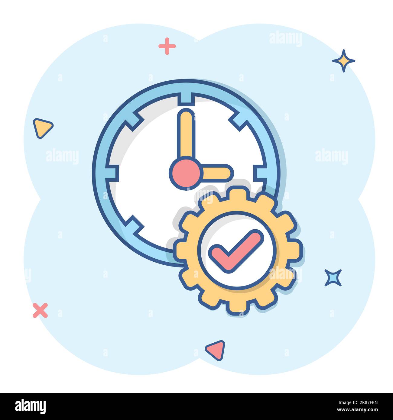 Check mark on clock icon in comic style. Gear with time cartoon vector ...