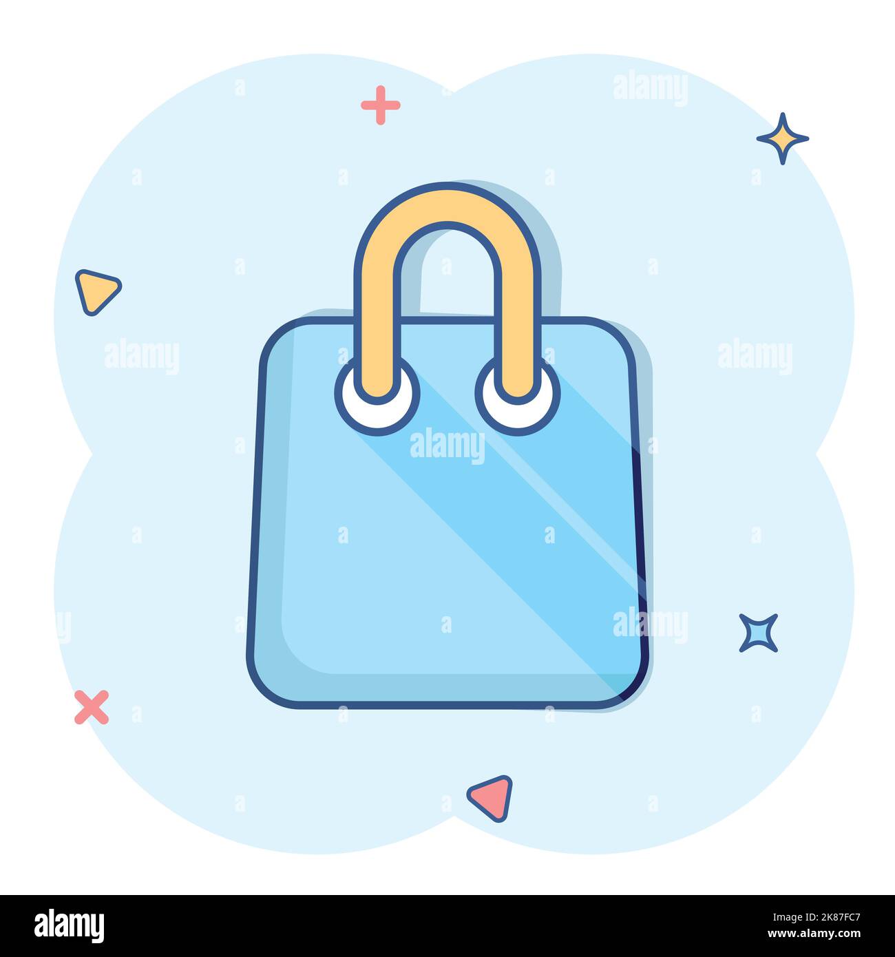 Shopping bag icon in comic style. Handbag cartoon sign vector ...