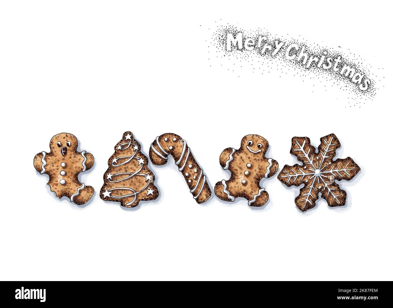 Merry Christmas Postcard with hand-drawn Cookies on a white Background ...