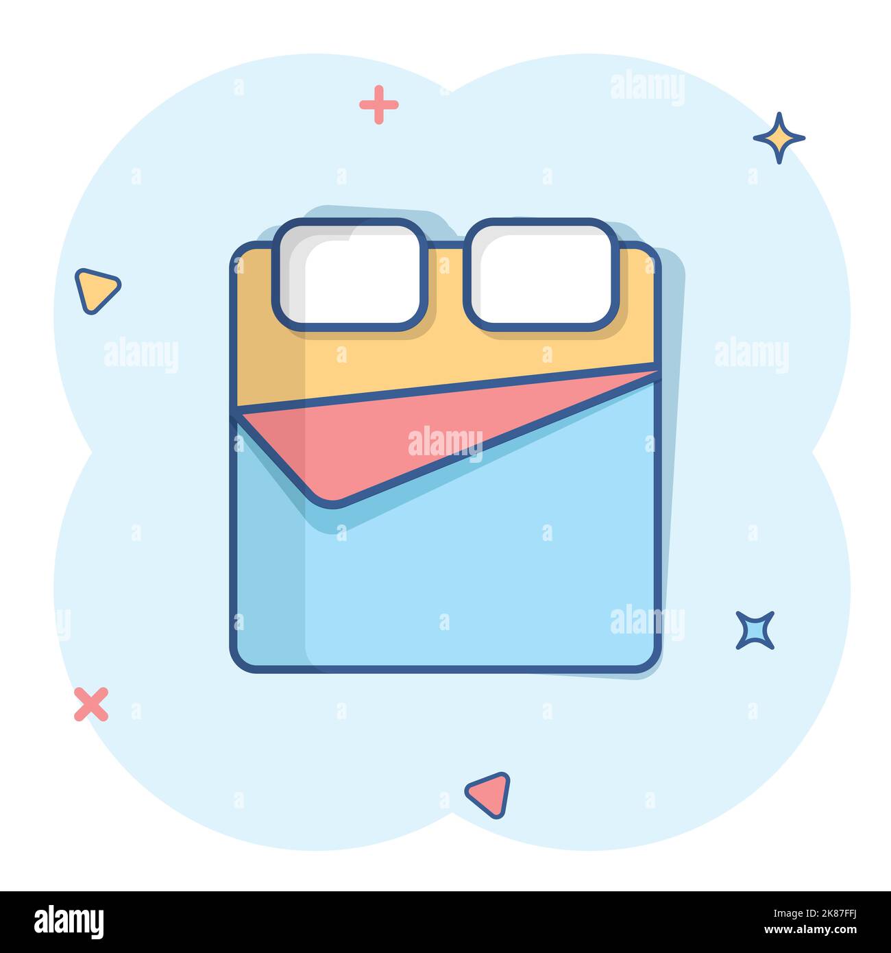 Bed icon in comic style. Bedroom cartoon sign vector illustration on ...