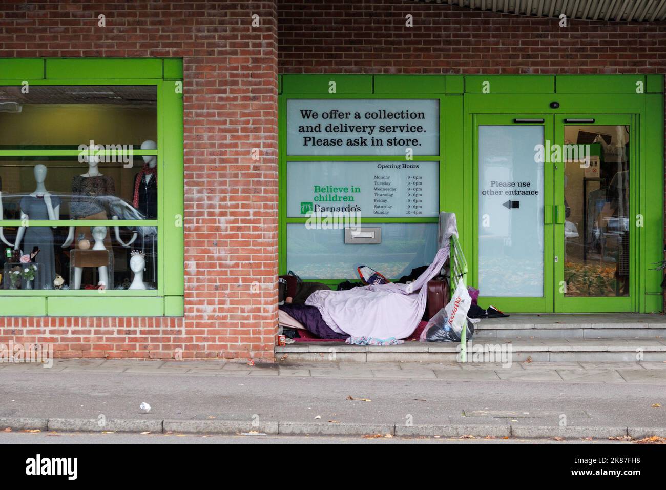 Homeless, homelessness outside Barnardo's, Ashford, Kent, UK Stock ...